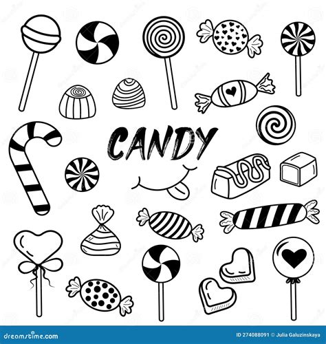 Hand Drawn Candy Set Linear Doodle Style Stock Vector Illustration