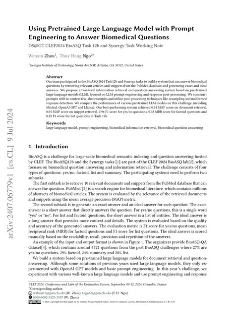 Pdf Using Pretrained Large Language Model With Prompt Engineering To Answer Biomedical Questions