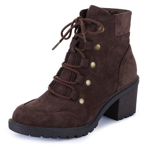 Mysoft Womens Ankle Boots Combat Chunky Stacked Low Heel Lace Up
