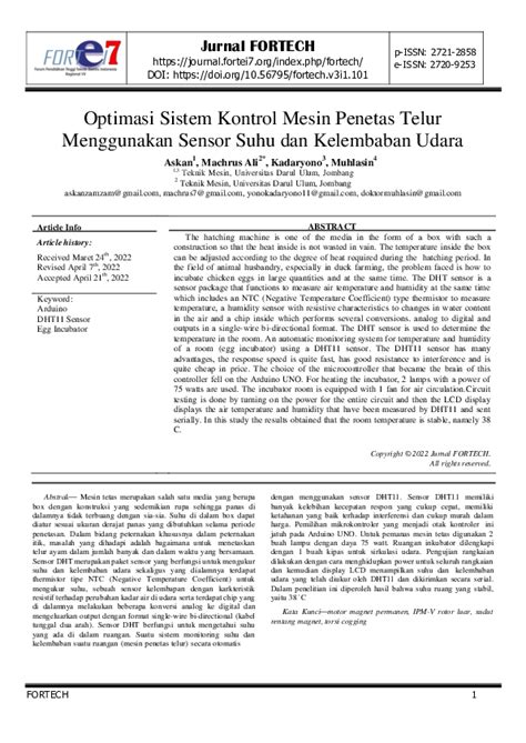 Pdf Optimasi Sistem Kontrol Mesin Penetas Telur Menggunakan Sensor Suhu Dan Kelembaban Udara