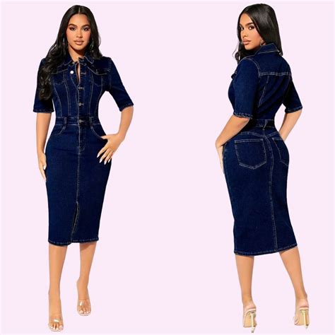 Half Sleeve Button Front Denim Dress In Dark Blue