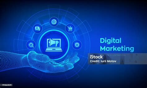 로봇 손의 디지털 마케팅 아이콘 인터넷 온라인 검색 엔진 최적화 Seo Smm 광고 가상 화면의 기술 개념 벡터 그림입니다 디지털 마케팅에 대한 스톡 벡터 아트 및 기타