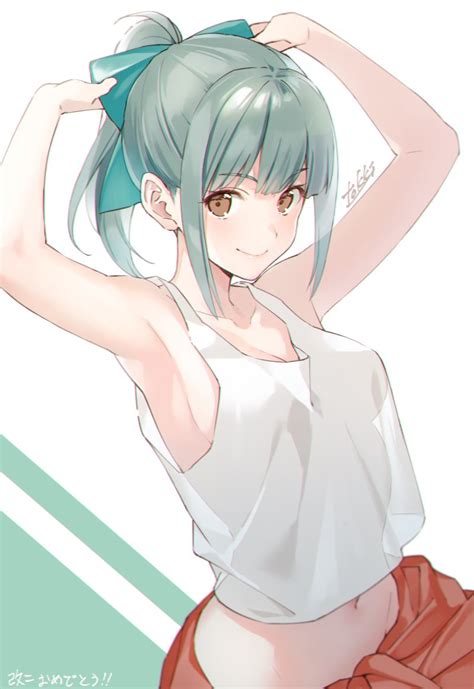 Safebooru Girl Armpits Arms Up Bare Arms Bare Shoulders Bow Breasts Brown Eyes Commentary