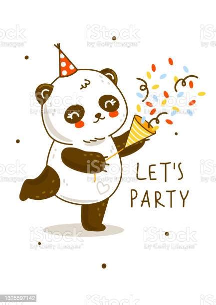 흰색에 고립 된 색종이 크래커와 귀여운 팬더 곰 행복한 Birrthday 디자인을위한 만화 캐릭터 가공의 인물에 대한 스톡 벡터