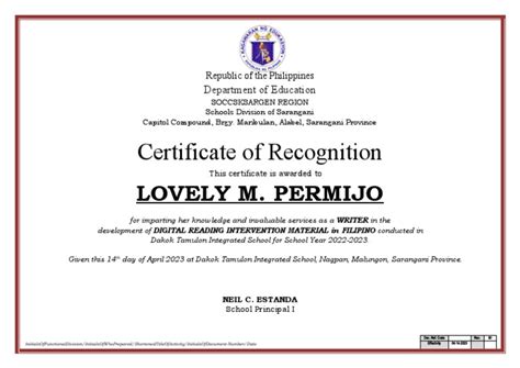 Depedtemplate Certificateofrecognition A4size Temp No Signature Pdf