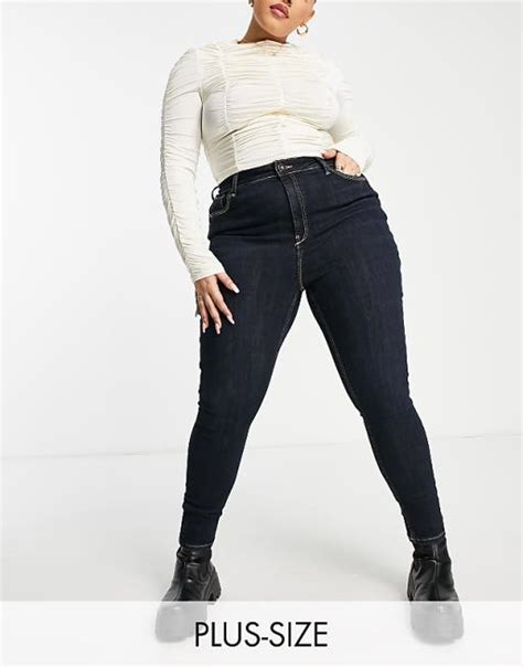 River Island Plus High Waisted Sculpt Skinny Jeans In Dark Blue Asos