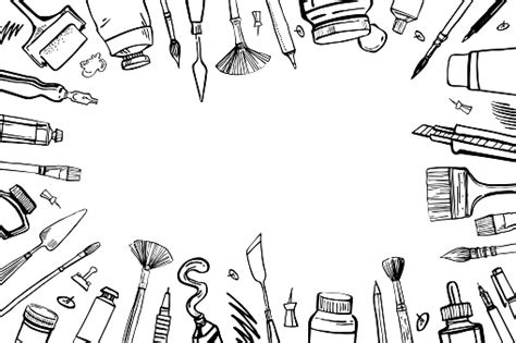 손으로 그린 스케치 벡터 아티스트 자료 프레임입니다 흑백 그림 및 그리기 도구 그림 양식 브러쉬 튜브 펜 연필 흰색 배경에 고립