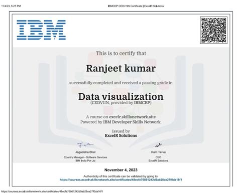 Excited To Share That I Have Earned Certificate Of Data Visualization From Ibm Excelr Data