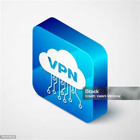 아이소메트릭 클라우드 Vpn 인터페이스 아이콘 흰색 배경에 고립입니다 소프트웨어 통합 파란색 사각형 버튼을 클릭 합니다 벡터
