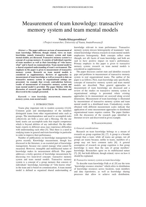 Measurement Of Team Knowledge Transactive Memory System And Team Mental Models Docslib