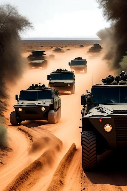 A Group Of Military Vehicles Drive Down A Dusty Road Premium Ai Generated Image