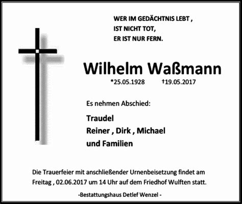 Traueranzeigen Von Wilhelm Waßmann Harztrauerde
