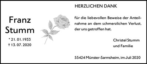Traueranzeigen Von Franz Stumm Vrm Trauerde