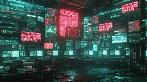 A Futuristic Control Room Filled With Monitors Displaying Glowing Neon Data Graphics And