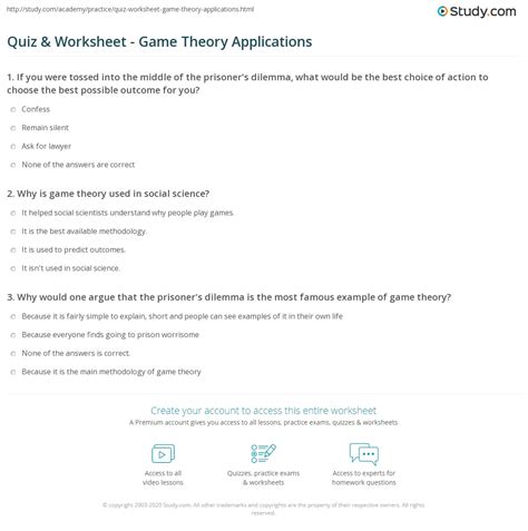 Quiz And Worksheet Game Theory Applications