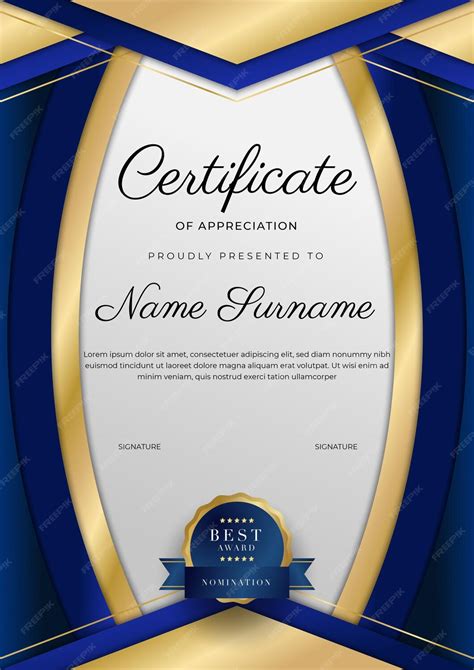 감사장 템플릿 금색과 파란색 금색 배지가 있는 깨끗한 현대 인증서 고급스럽고 현대적인 라인 패턴이 있는 인증서 테두리 템플릿