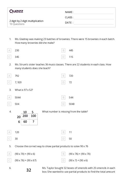 2 digit by 2 digit partial products multiplication worksheets