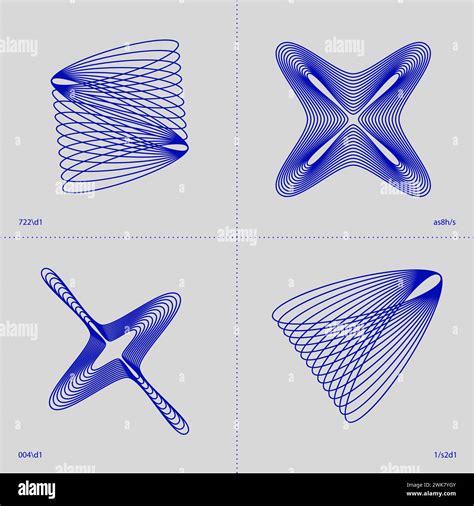Four Geometric Line Patterns Creating Abstract Three Dimensional Shapes On Grey Grid Modern