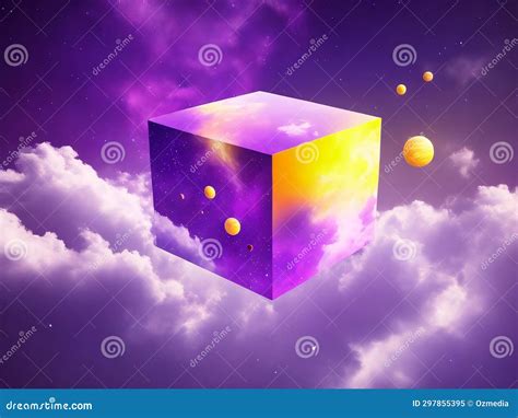 Dreamy Abstract Space With Floating Cube Stock Illustration