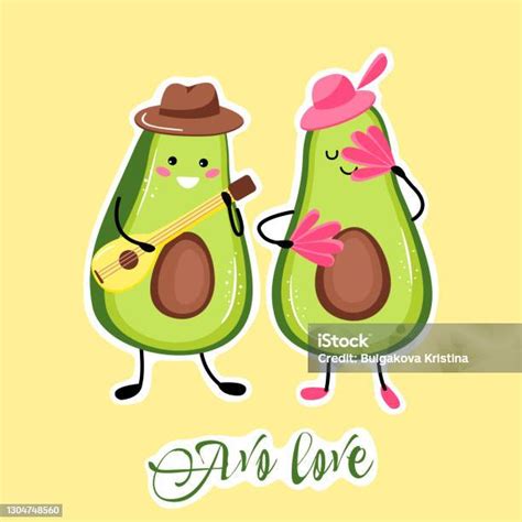 귀여운 음악 아보카도 과일 또는 기타를 연주 문자의 개념 벡터 일러스트 귀여운 가와이 아보카도 과일 플랫 만화 스타일 스티커 0명에 대한 스톡 벡터 아트 및 기타 이미지