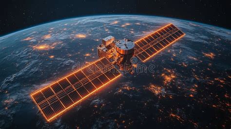 High Tech Satellite In Geostationary Orbit Transmitting Broadband Signals Over Earth At Night