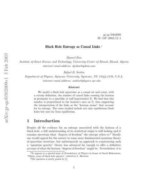 Pdf Black Hole Entropy As Causal Links