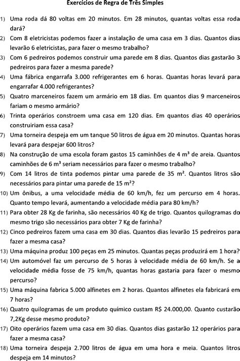 Lista De Exercícios Regra De Três Simples 7 Ano BRAINCP
