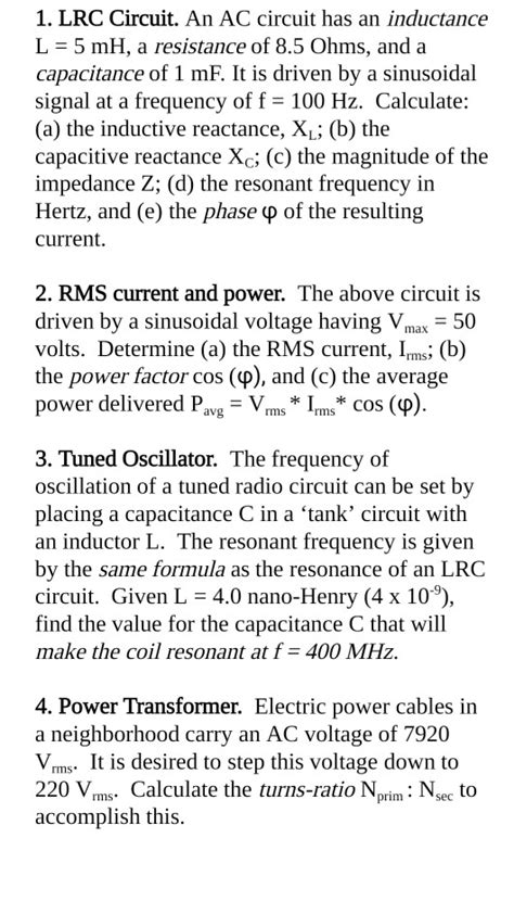 solved 1 lrc circuit an ac circuit has an inductance l 5