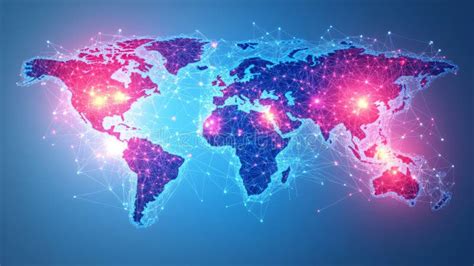Digital Global Network Map Highlighting Connectivity And Data Flow Across Continents Stock