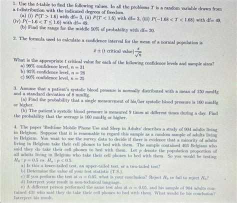 Solved 1 Use The T Table To Find The Following Values In Chegg Com