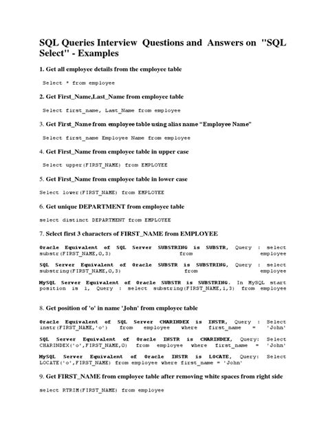 sql queries interview questions and answers on sql select examples