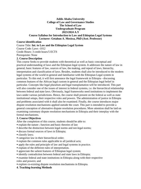 course outline introduction to law and ethiopian legal systems pdf