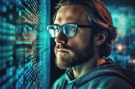 Premium Photo Portrait Of Man And Binary Code Numbers Technology Cyberspace And Programming