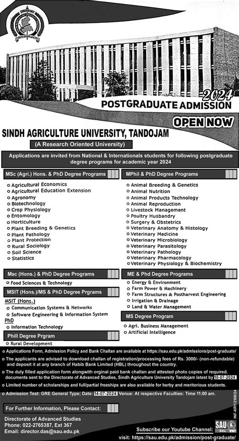 Msc Mphil And Phd Admissions At Sindh Agriculture University 2024