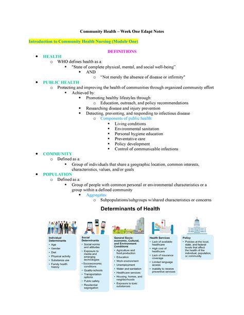 Community Health Week One Edapt Notes P O Public Health Nurses Focus On Assessment Of The