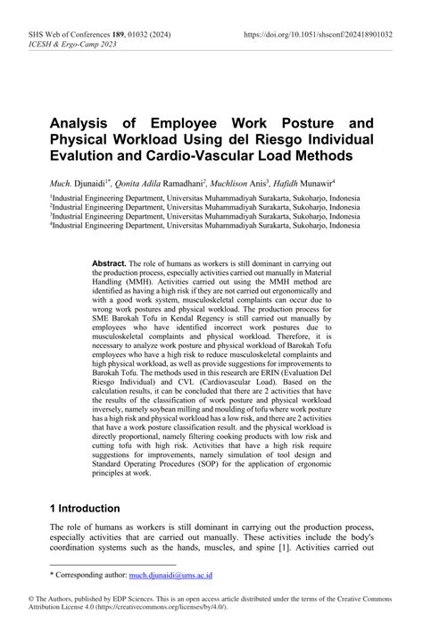 Pdf Analysis Of Employee Work Posture And Physical Workload Using Del