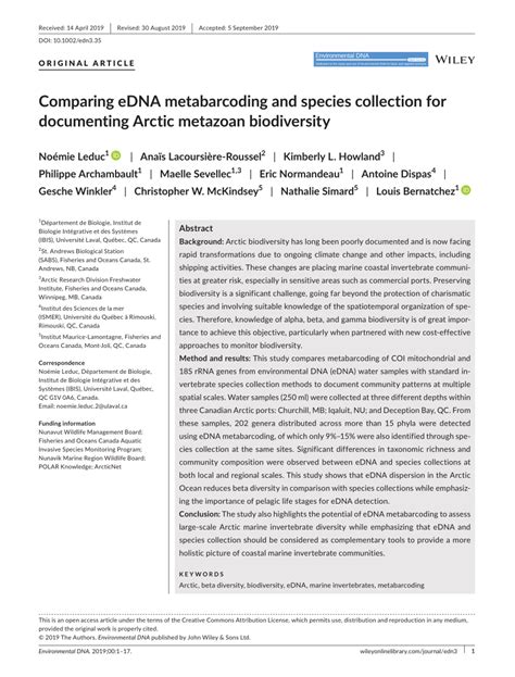 Pdf Comparing Edna Metabarcoding And Species Collection For Documenting Arctic Metazoan
