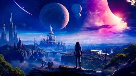 Woman Standing On Top Of Cliff In Front Of Futuristic City Generative