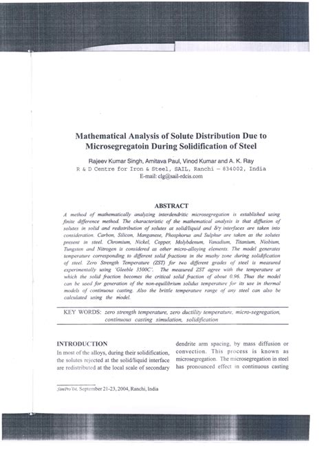 Pdf Mathematical Analysis Of Solute Distribution Due To Micro Segregation During