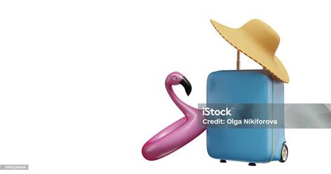 여름철 여행 가방 밀짚모자 풍선 플라밍고 고립된 배경3d 렌더링 3차원 형태에 대한 스톡 사진 및 기타 이미지 3차원 형태 개체 그룹 관광 Istock