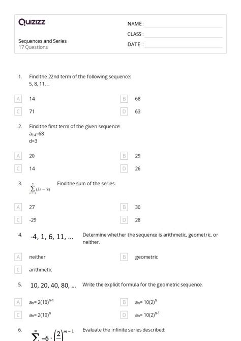 Sequences And Series Worksheets For Grade On Quizizz Free Printable
