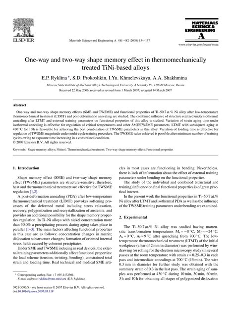 PDF One Way And Two Way Shape Memory Effect In Thermomechanically Treated TiNi Based Alloys