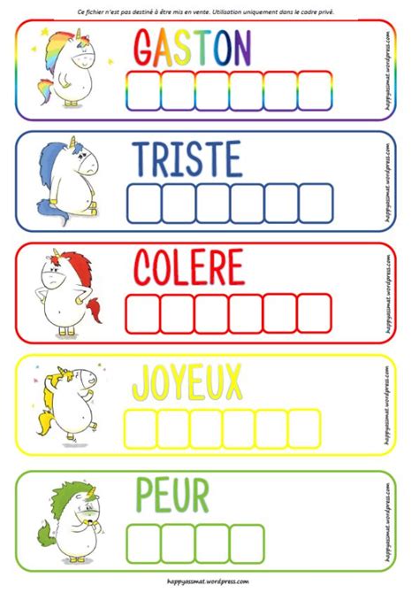 Activités Gaston la Licorne Tableau des émotions Roue des émotions