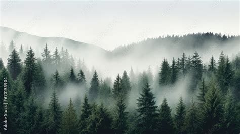 Forest Background With Fog Around Trees Dark Green Panorama Walpaper Background Panorama