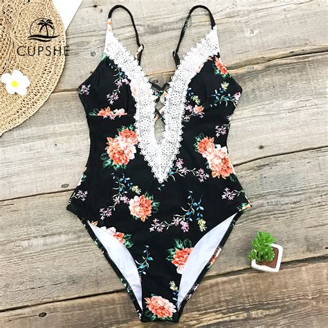 Cupshe Floral Print Lace One Piece Swimsuit Women V Neck Backless