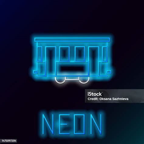 파란색 빛나는 네온 라인 검은 배경에 격리된 오래된 도시 트램 아이콘 대중 교통 기호입니다 다채로운 개요 개념입니다 벡터 일러스트 레이 션 거리에 대한 스톡 벡터 아트 및