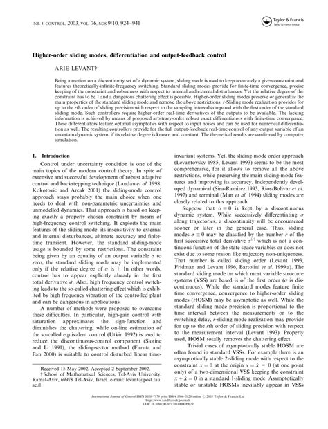 Pdf Higher Order Sliding Modes Differentiation And Output Feedback