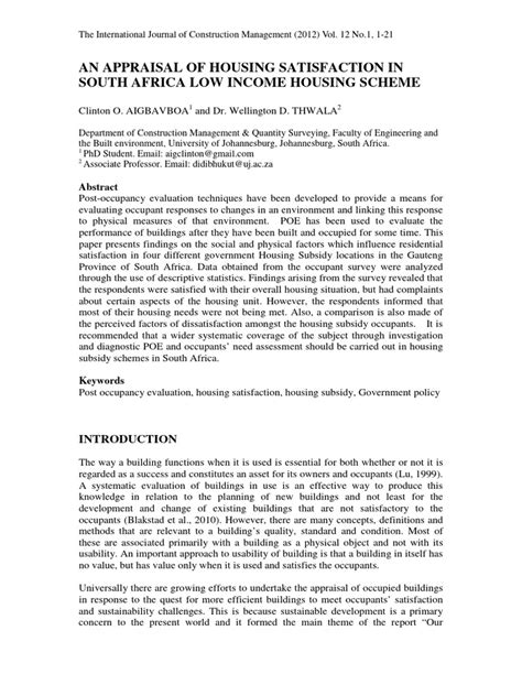 An Appraisal Of Housing Satisfaction In South Africa Low Income Housing Scheme Pdf