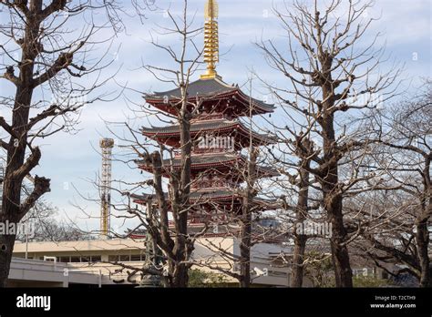 A View Of A Five Story Pagoda Of The Ancient Senso Ji Buddhist Temple