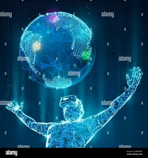 VR Headset Holographic Low Poly Wireframe Vector Polygonal Man Wearing